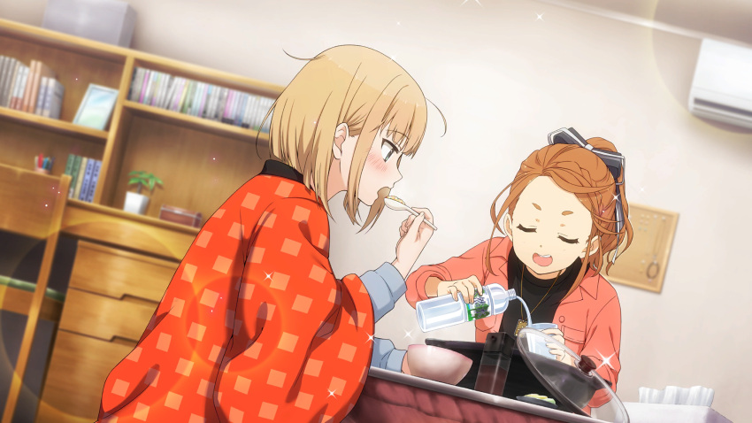 Safebooru - 22/7 22/7 ongaku no jikan 2girls air conditioner black shirt blonde hair blurry ...