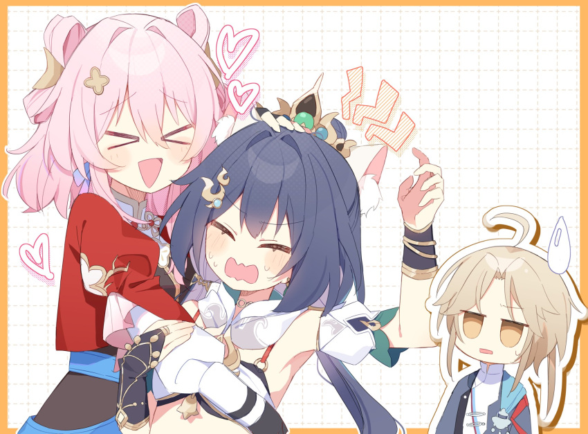 Safebooru - 1boy 2girls ahoge arm up armpits bare shoulders blonde hair ...