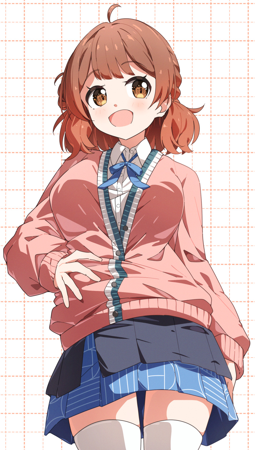 Safebooru - 1girl absurdres ahoge black overskirt blue ribbon blue skirt blush breasts brown ...