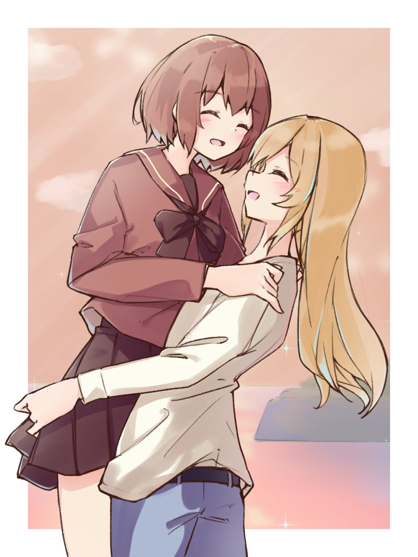 Safebooru - 2girls black skirt blonde hair blue hair blush brown hair carrying carrying person ...