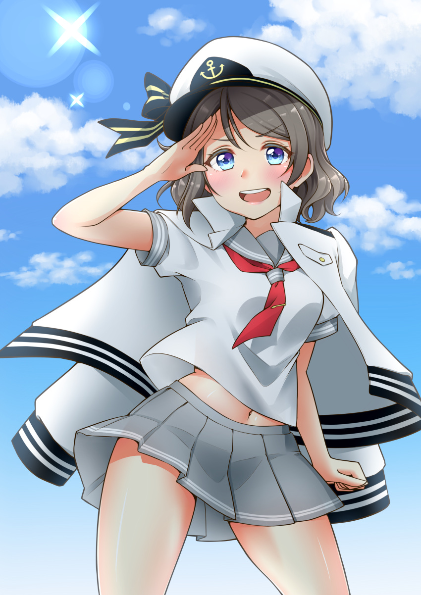 Safebooru - 1girl absurdres blue eyes brown hair clouds hat highres jacket love live! love live ...