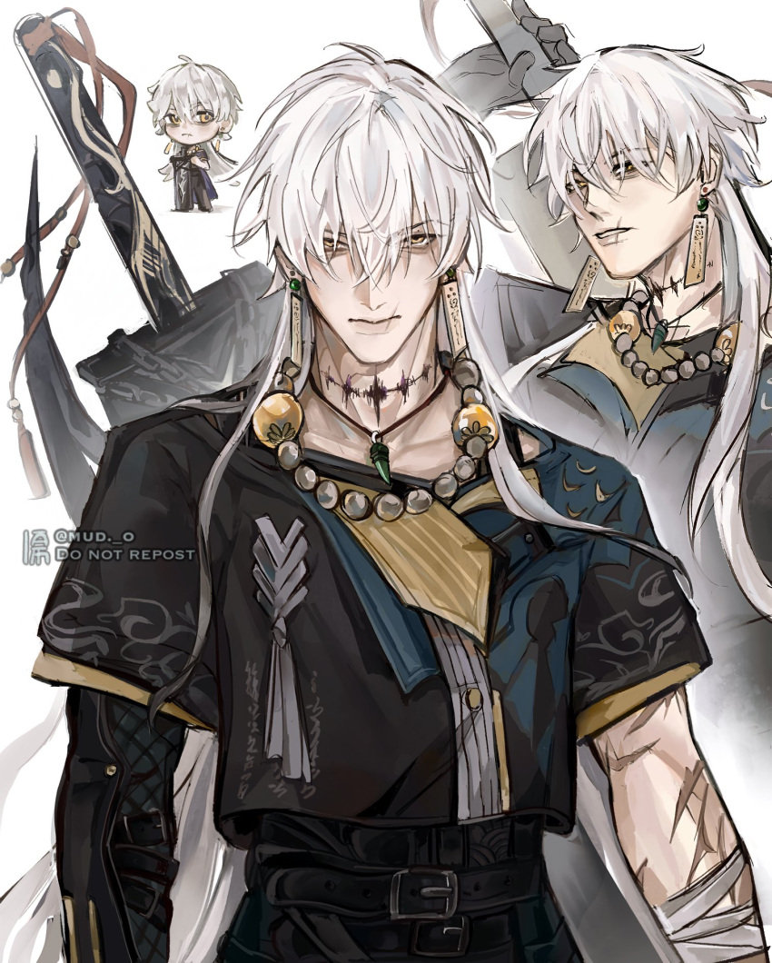 Safebooru - 1boy aiira (mud o) asymmetrical sleeves bandaged arm bandages belt black belt black ...