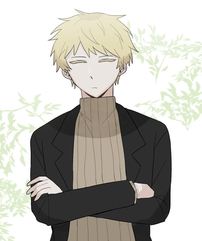 Safebooru - 1boy atou haruki black jacket blonde hair brown sweater closed eyes closed mouth ...