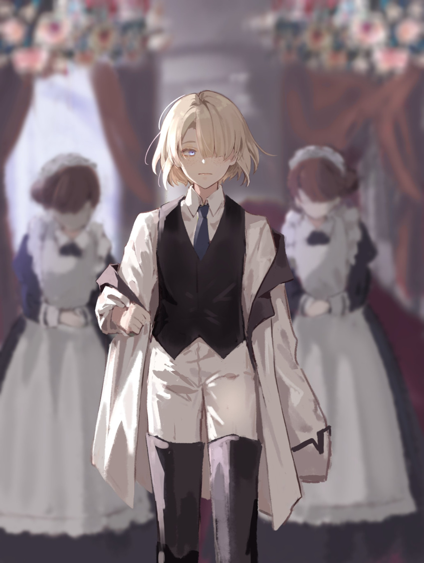 Safebooru - 1boy 2girls absurdres apron black footwear blonde hair blue eyes blurry blurry ...