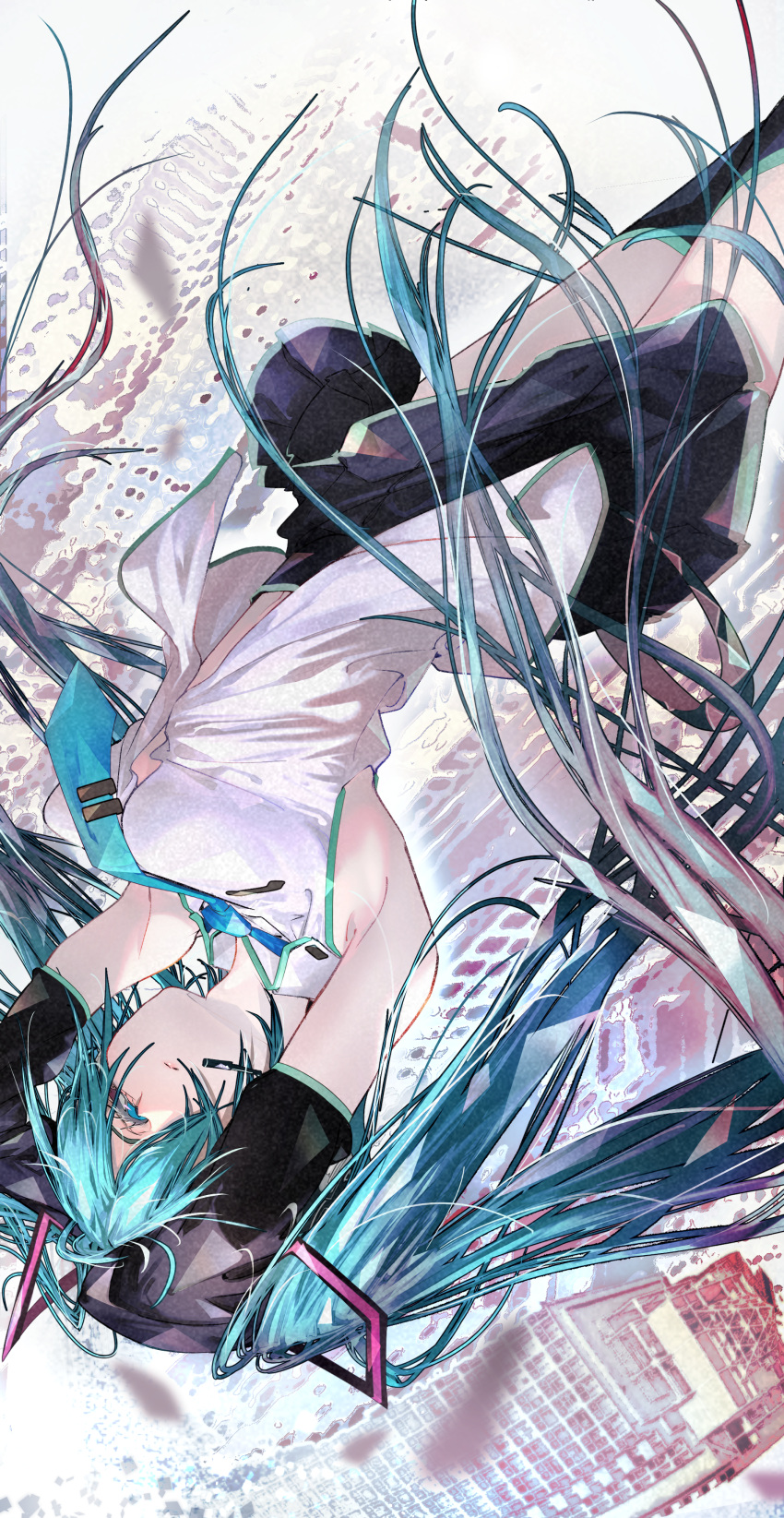 Safebooru - 1girl absurdres aqua eyes aqua hair arms behind head bare shoulders blue eyes blue ...