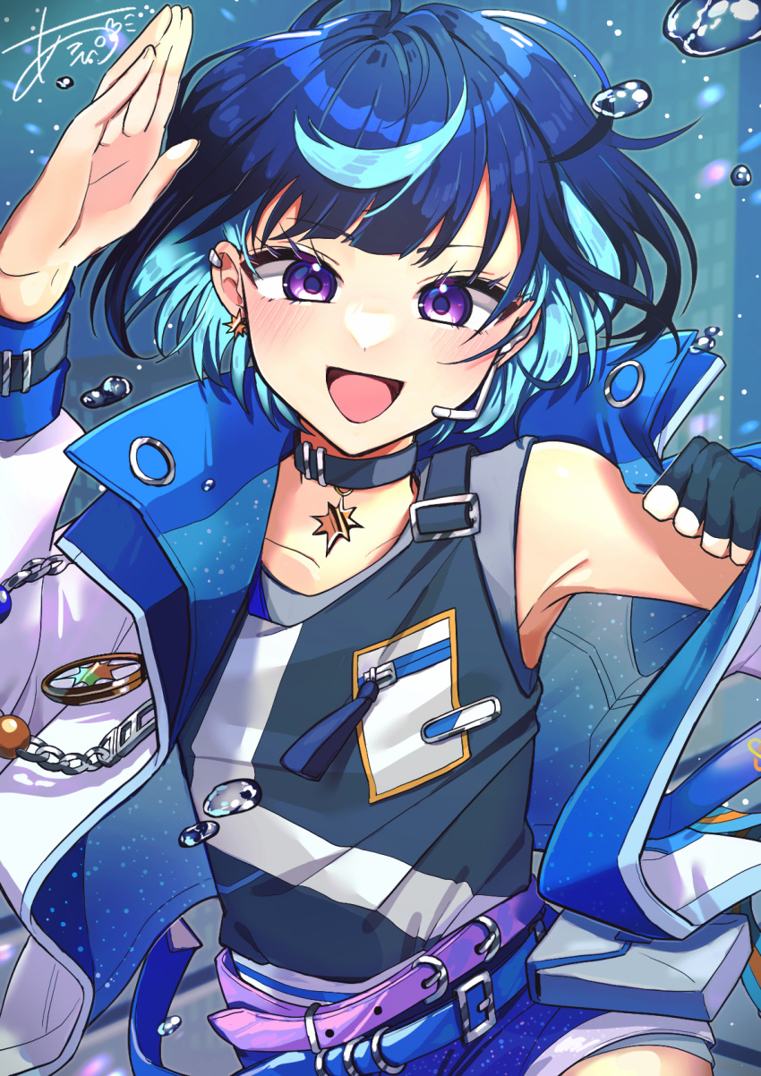 Safebooru - 1boy :d ap51 aqua background aqua hair arm up armpits belt black gloves black hair ...