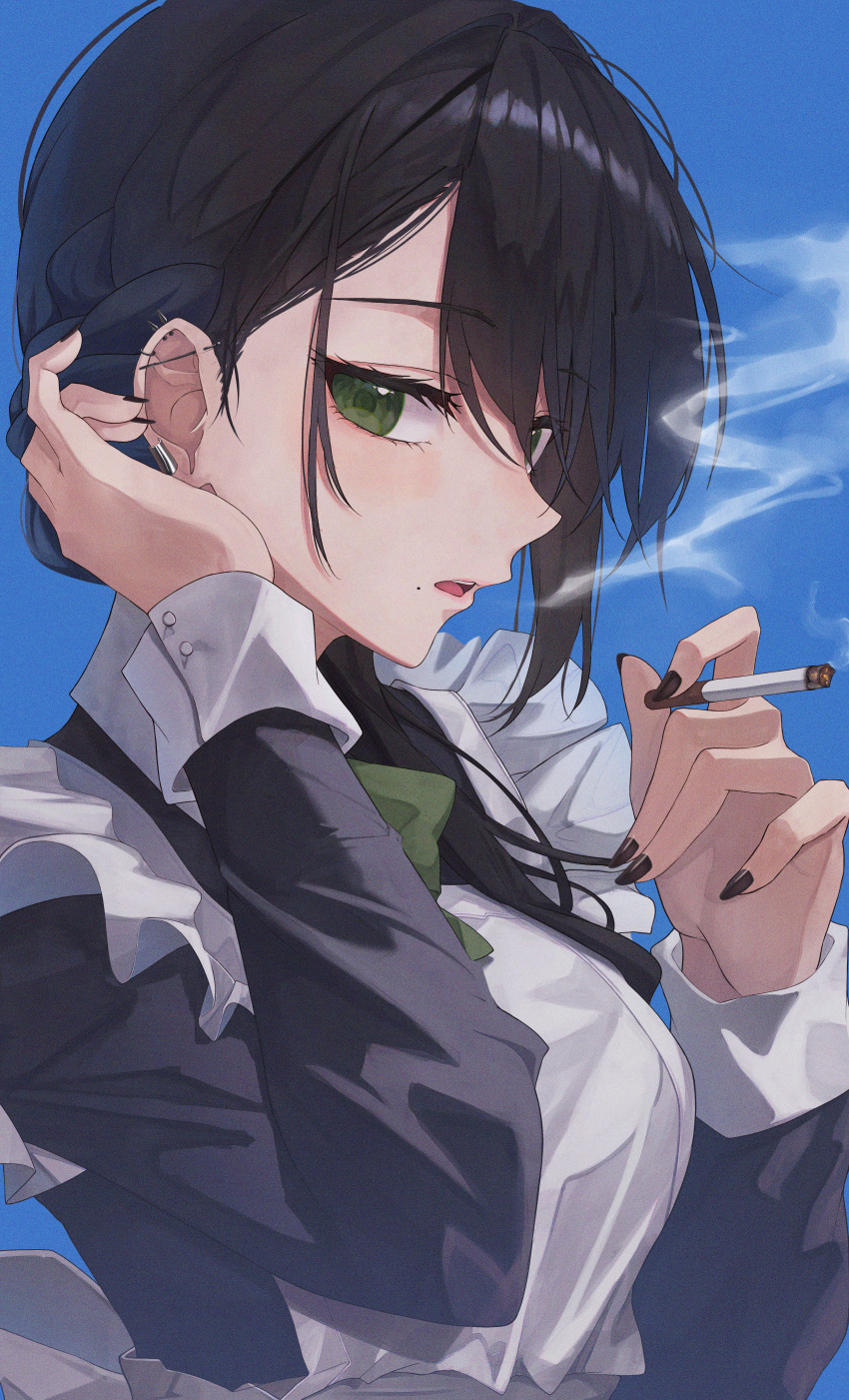 Safebooru - 1girl absurdres alternate costume apron black dress blue background dress enmaided ...