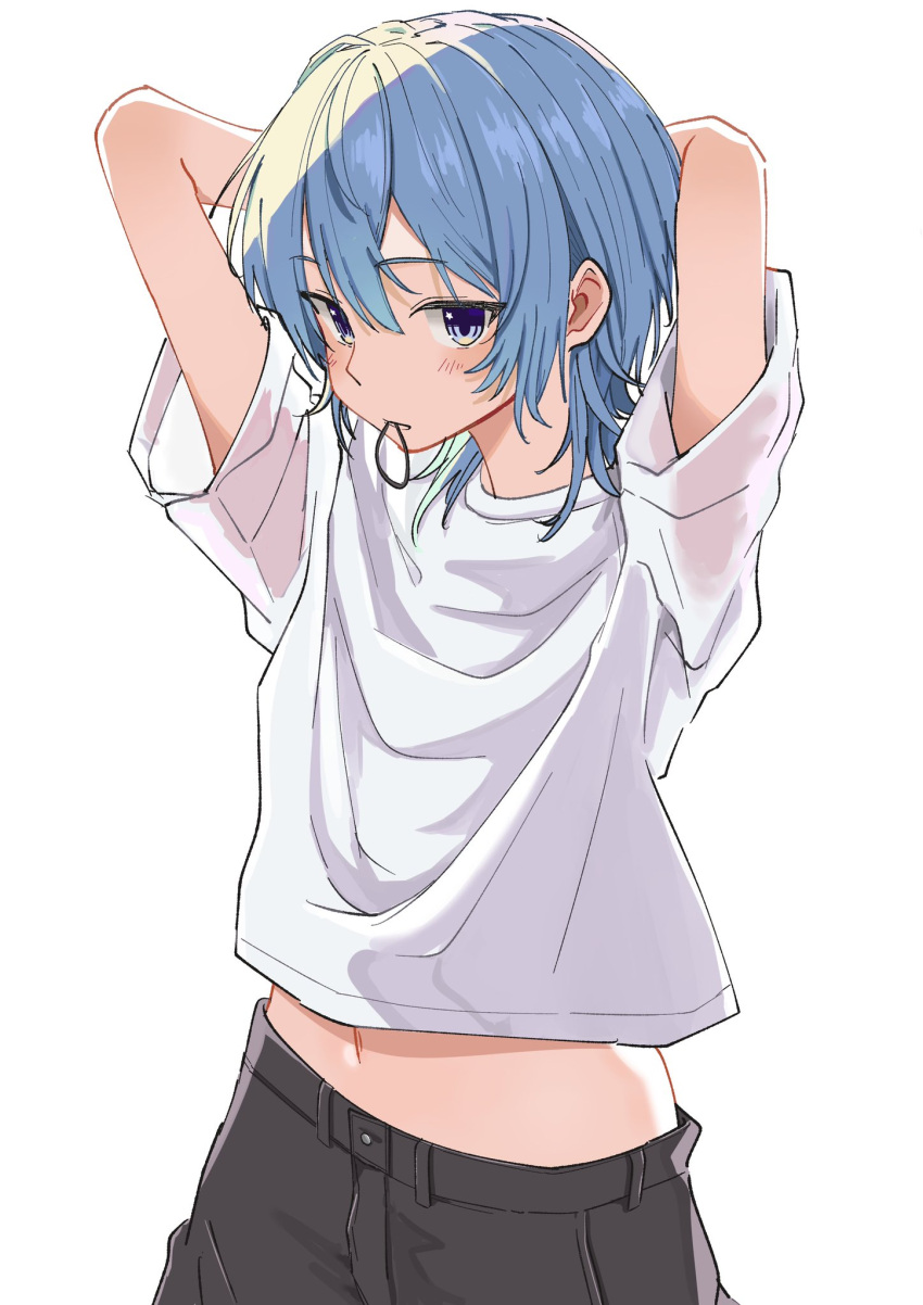 Safebooru - 1girl adjusting hair arms up blue eyes blue hair casual el ...
