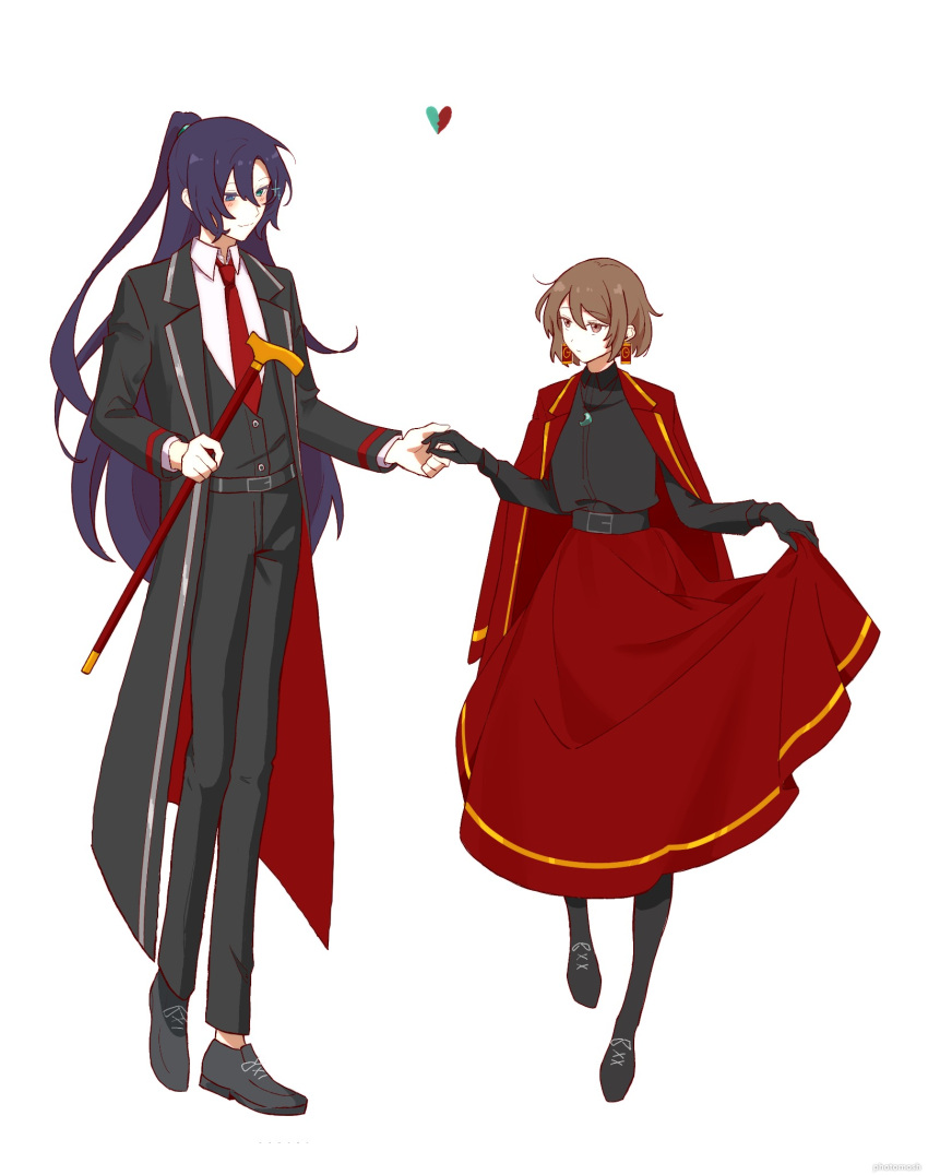 Safebooru - 1boy 1girl aqua eyes black coat black eyes black footwear black pants black ...