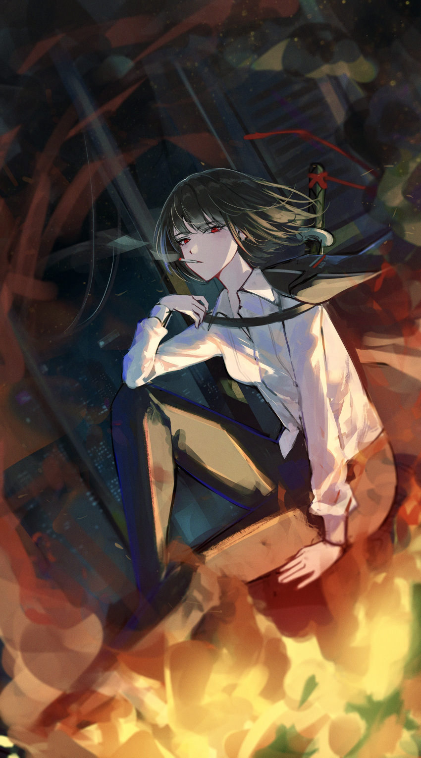 Safebooru 1girl Absurdres Black Hair Black Pants Breasts Cigarette 5161