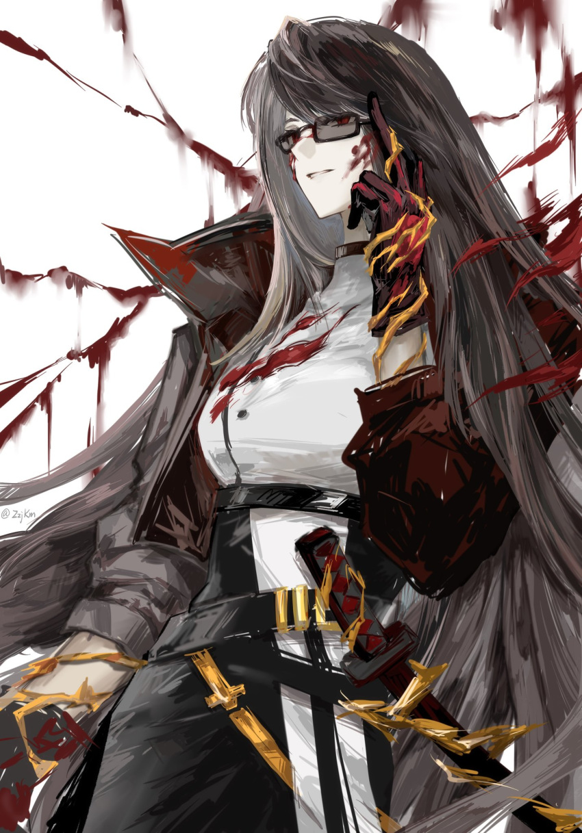 Safebooru - 1girl ashi (dongshi389) black coat black hair blood blood stain coat collared coat ...