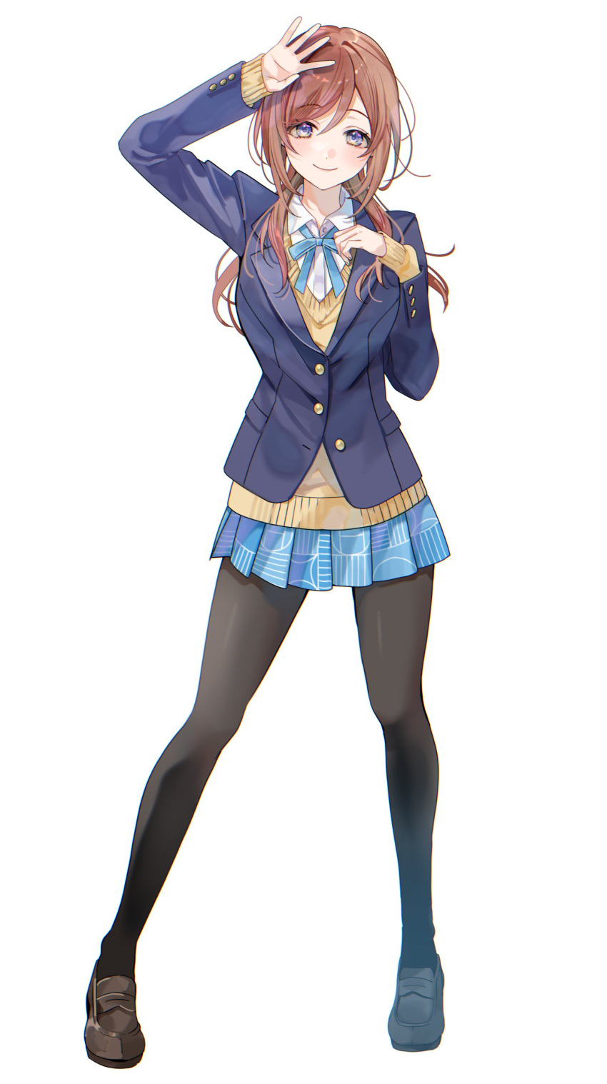 Safebooru - 1girl absurdres arm up black pantyhose black ribbon blazer blue eyes blue jacket ...