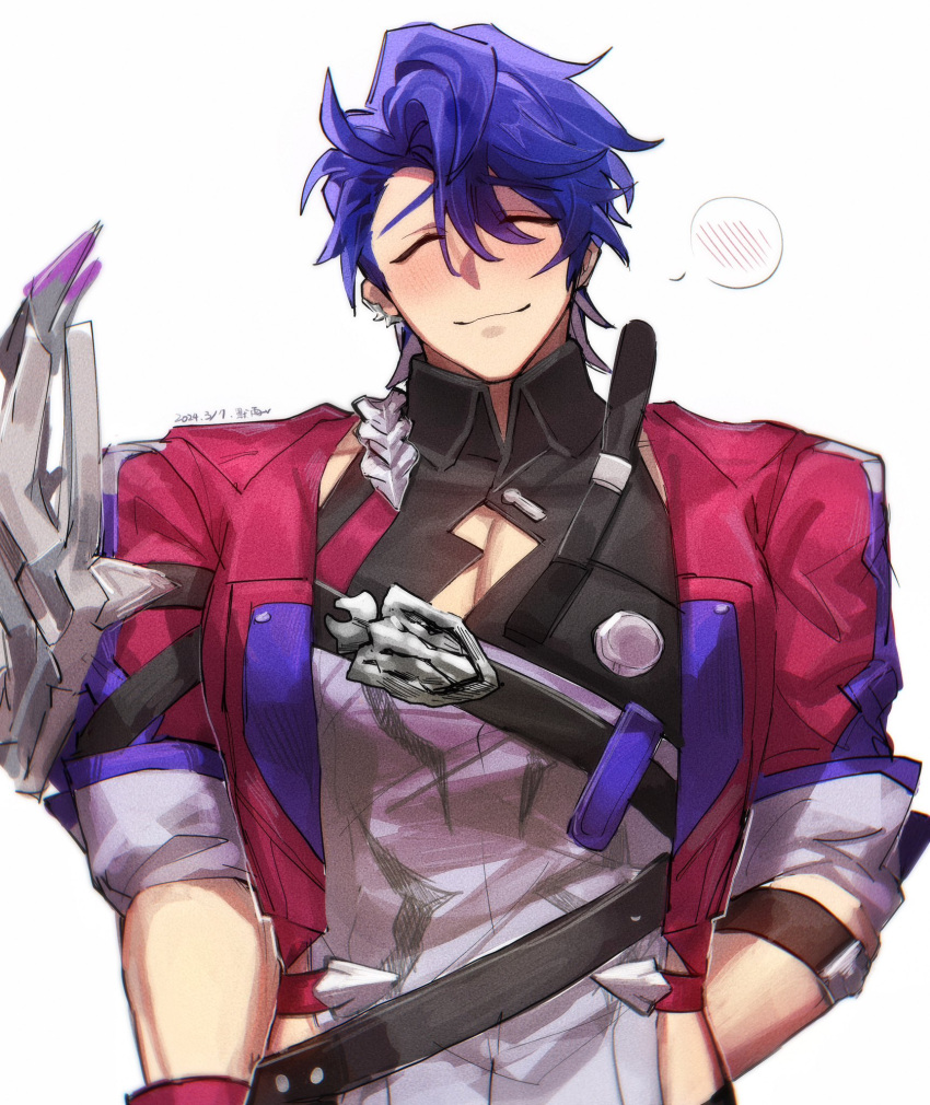 Safebooru - 1boy arm behind back armor belt black belt black shirt blue hair blush closed eyes ...