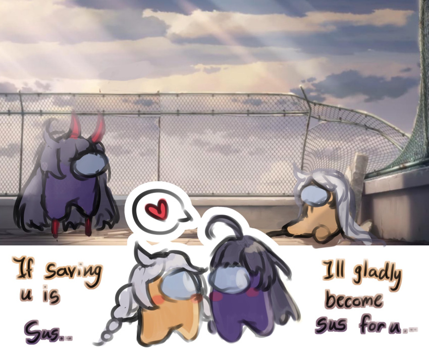Safebooru - 2others ahoge among us blush stickers braid broken fence ...