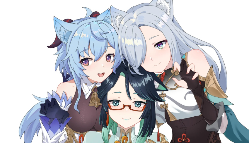 Safebooru - 3girls ahoge animal ears aqua eyes aqua hair bell blue eyes blue hair bodysuit bow ...