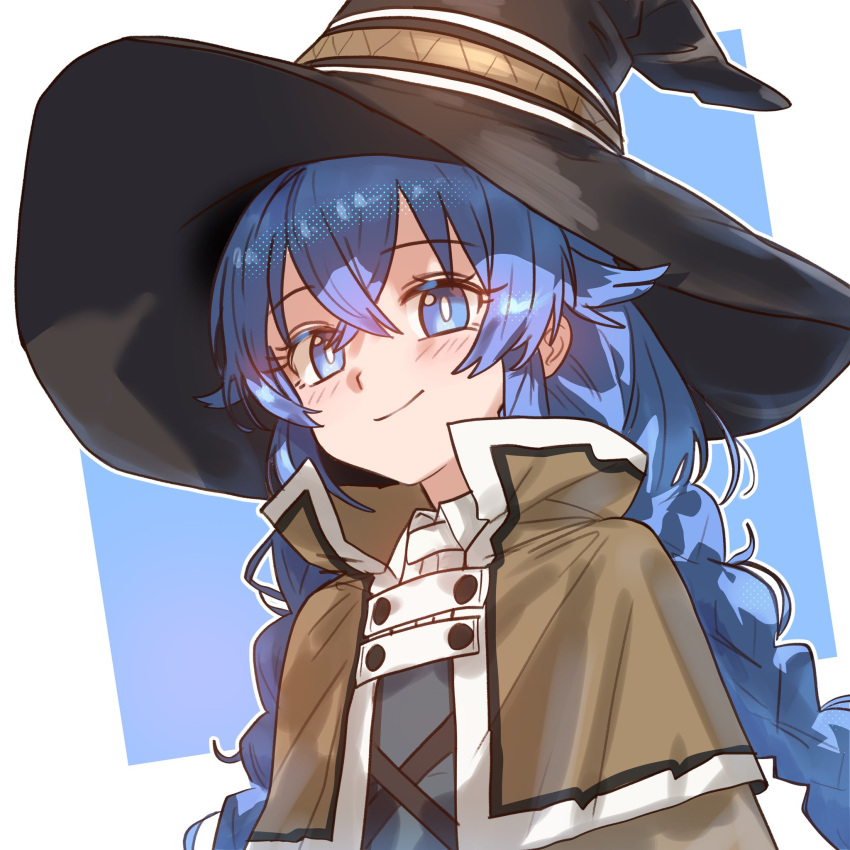 Safebooru - 1girl black hat blue eyes blue hair blush braid breasts brown cloak cloak crossed ...