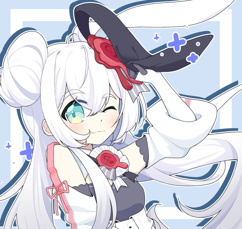 Safebooru - 1girl ;3 blue background blush closed mouth commentary ...