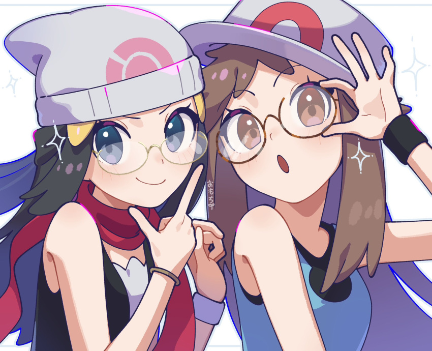 Safebooru - 2girls :o adjusting eyewear beanie bespectacled black hair ...