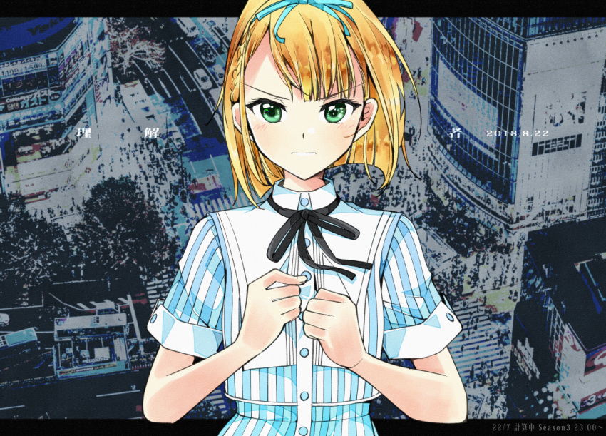 Safebooru - 1girl 22/7 aqua bow aqua hairband black ribbon blonde hair bob cut bow bow hairband ...