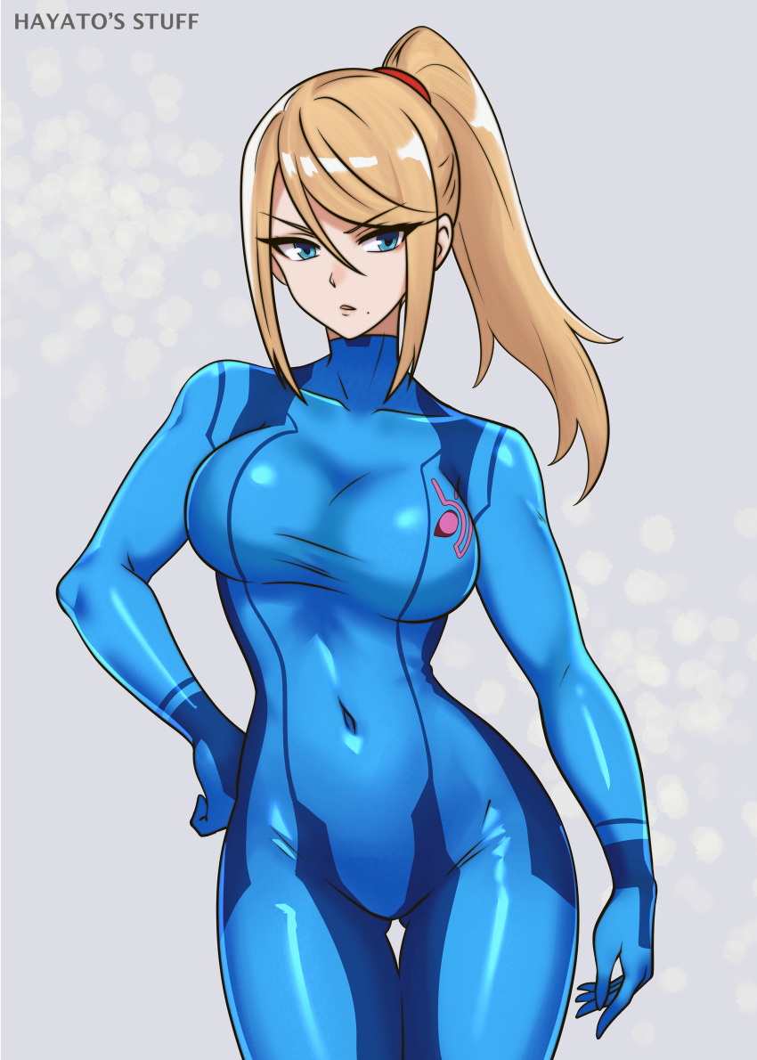 Safebooru - 1girl absurdres blonde hair blue bodysuit bodysuit breasts hayato stuff highres ...