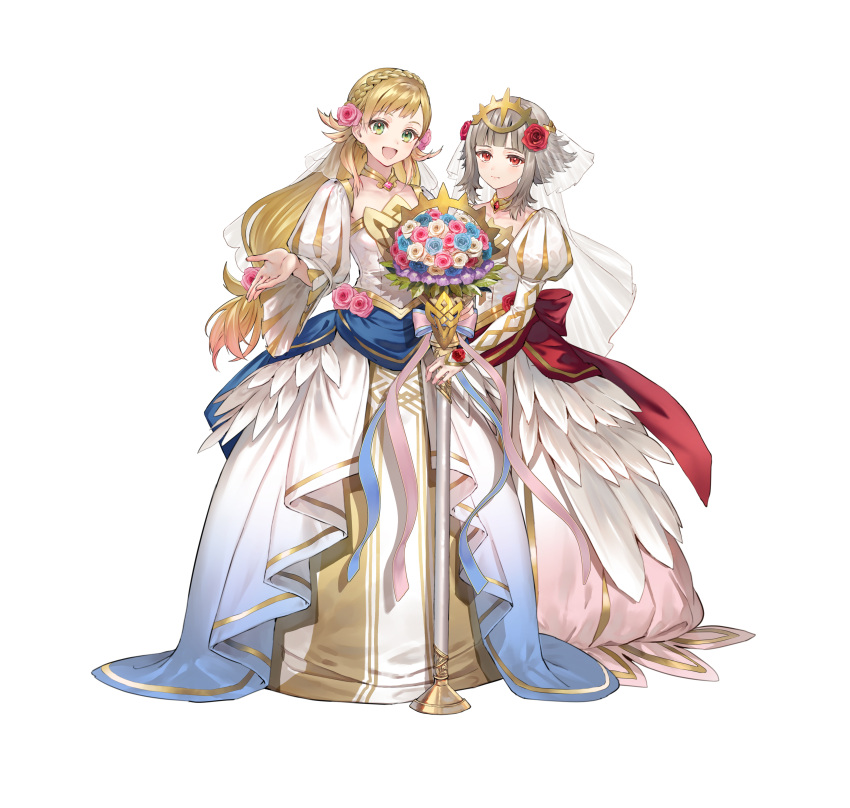 Safebooru - 2girls absurdres blonde hair bouquet braid dress fire ...