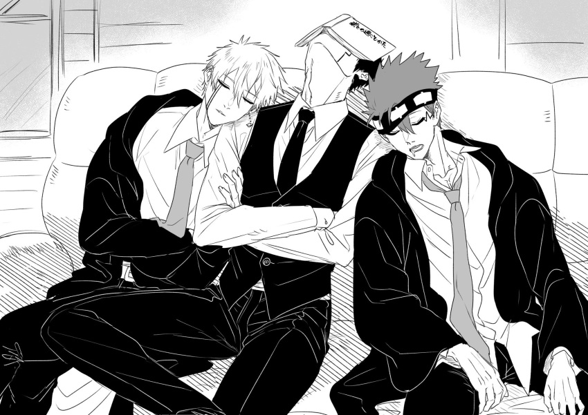 Safebooru - 3boys black robe book collared shirt daut barret earrings ...