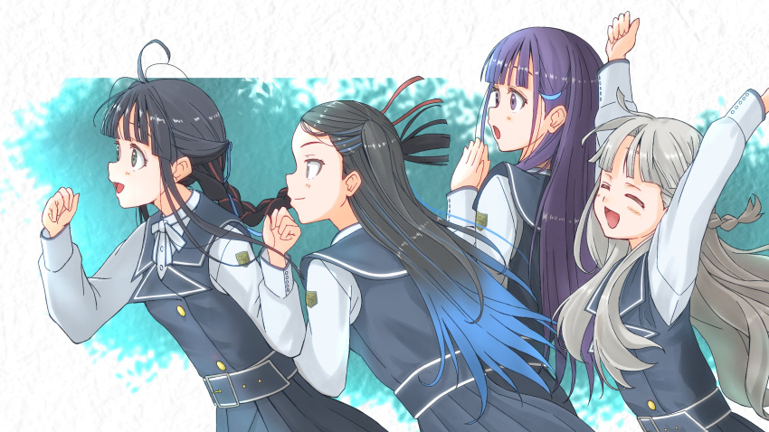 Safebooru - 22/7 4girls :d ^ ^ antenna hair aqua eyes aqua hair arms up black dress black hair ...