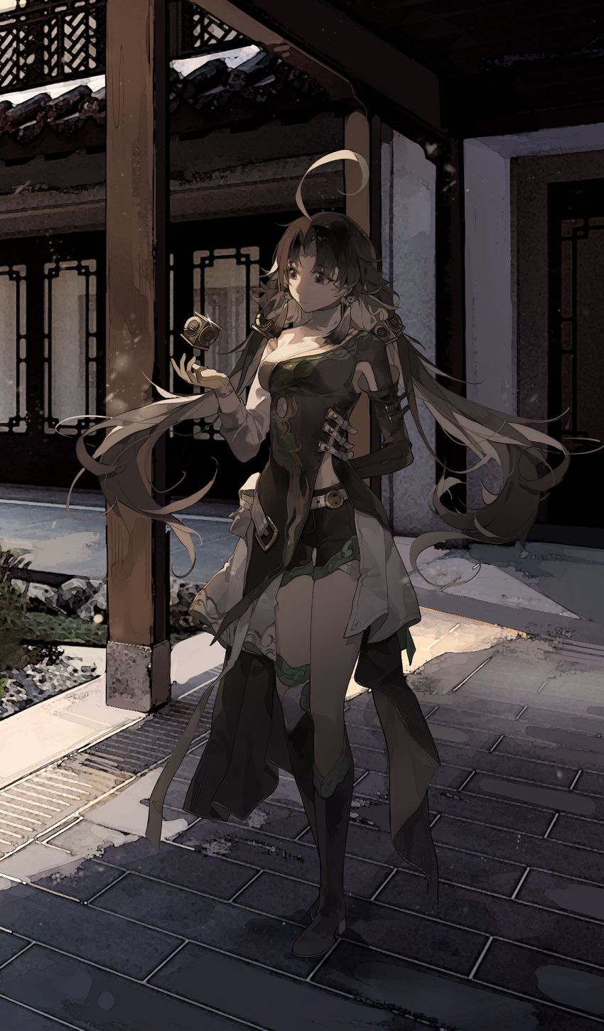 Safebooru - 1girl ahoge architecture arm behind back asymmetrical footwear black footwear black ...