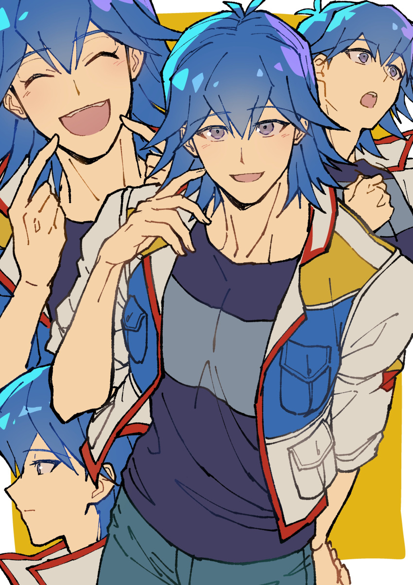 Safebooru - 1boy absurdres black eyes black shirt blue hair blue pants ...