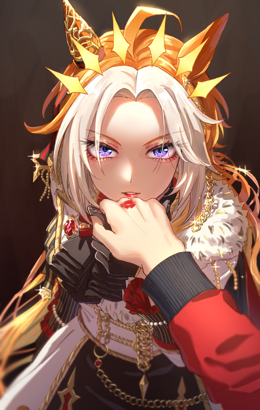 Safebooru - 1girl 1other absurdres ahoge animal ears ascot black ascot black gloves black skirt ...