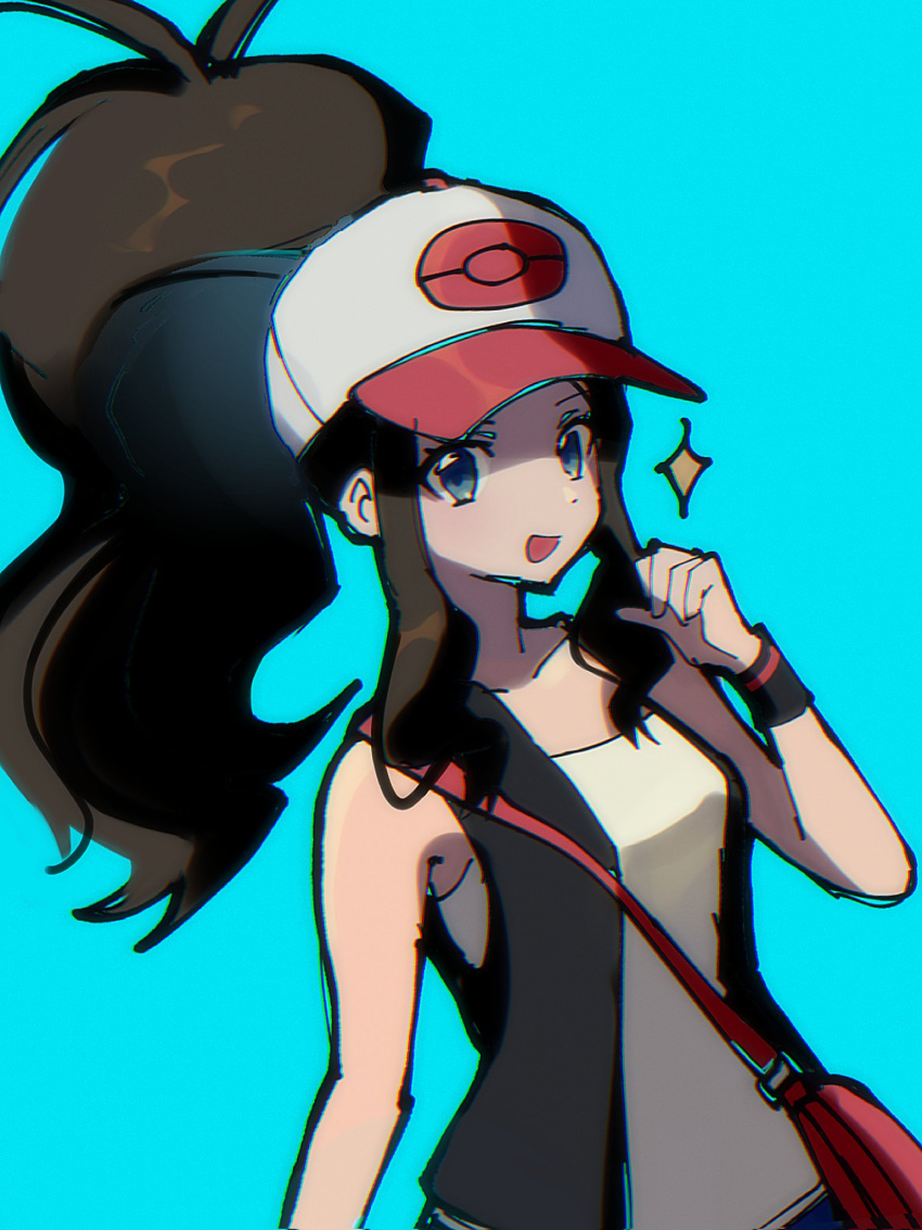 Safebooru - 1girl :d antenna hair bag baseball cap black vest black wristband blue background ...