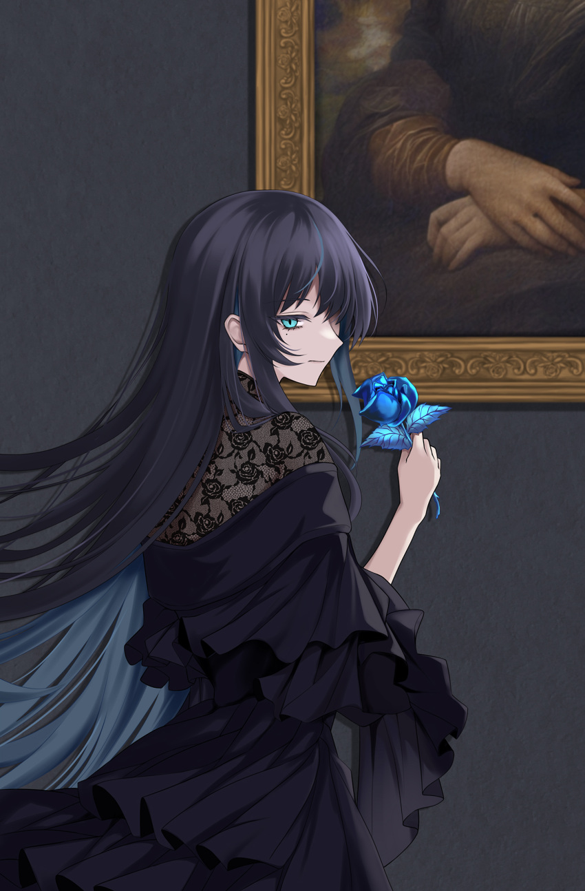 Safebooru - 1girl ado (utaite) black dress black hair blue eyes blue flower blue hair blue rose ...