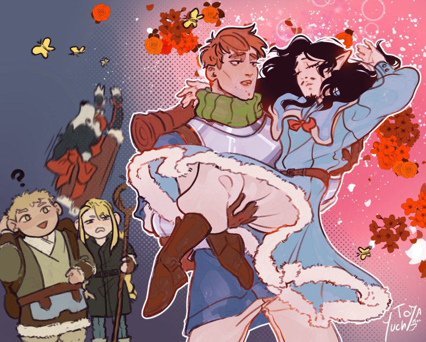 Safebooru - 2girls 3boys ? alternate species beard bishie sparkle black hair blonde hair ...