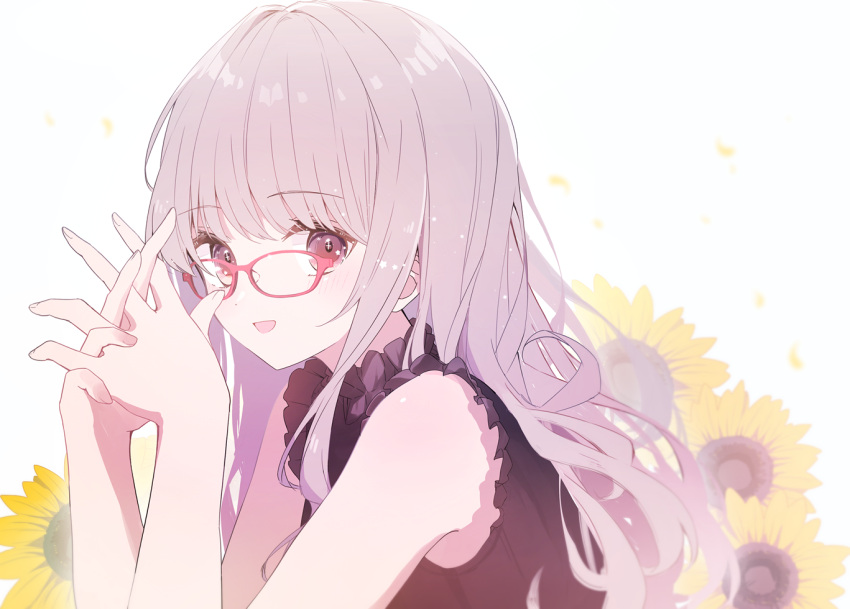 Safebooru - 1girl :d a.a (aa772) bare arms bare shoulders black shirt brown eyes commentary ...