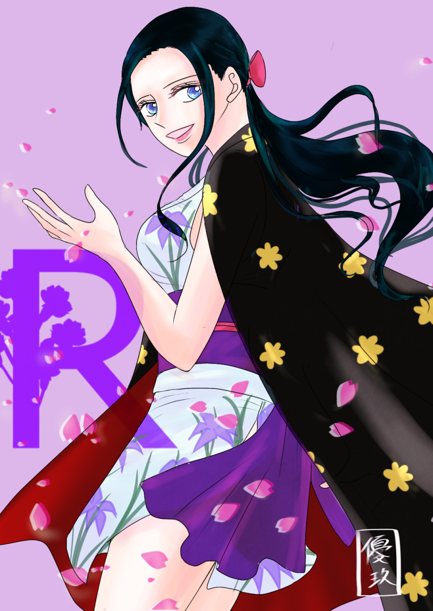 Safebooru - 1girl black hair blue eyes commentary request cowboy shot floral print kimono haori ...