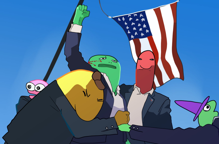 Safebooru - 5boys allan (smiling friends) american flag arm up blood blood on face business suit ...