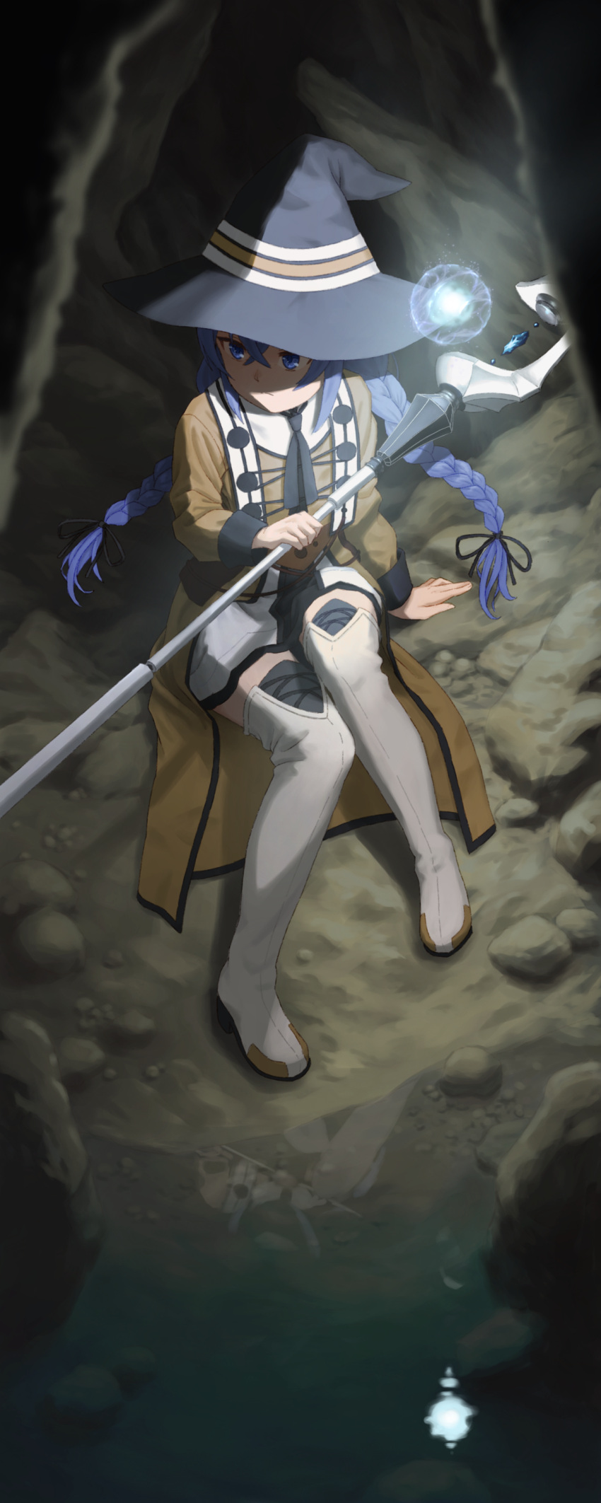 Safebooru - 1girl absurdres black ribbon blue eyes blue hair boots braid brown coat coat crossed ...