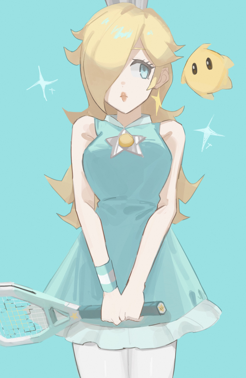 Safebooru - 1girl absurdres aqua background aqua dress aqua eyes bare shoulders blonde hair ...