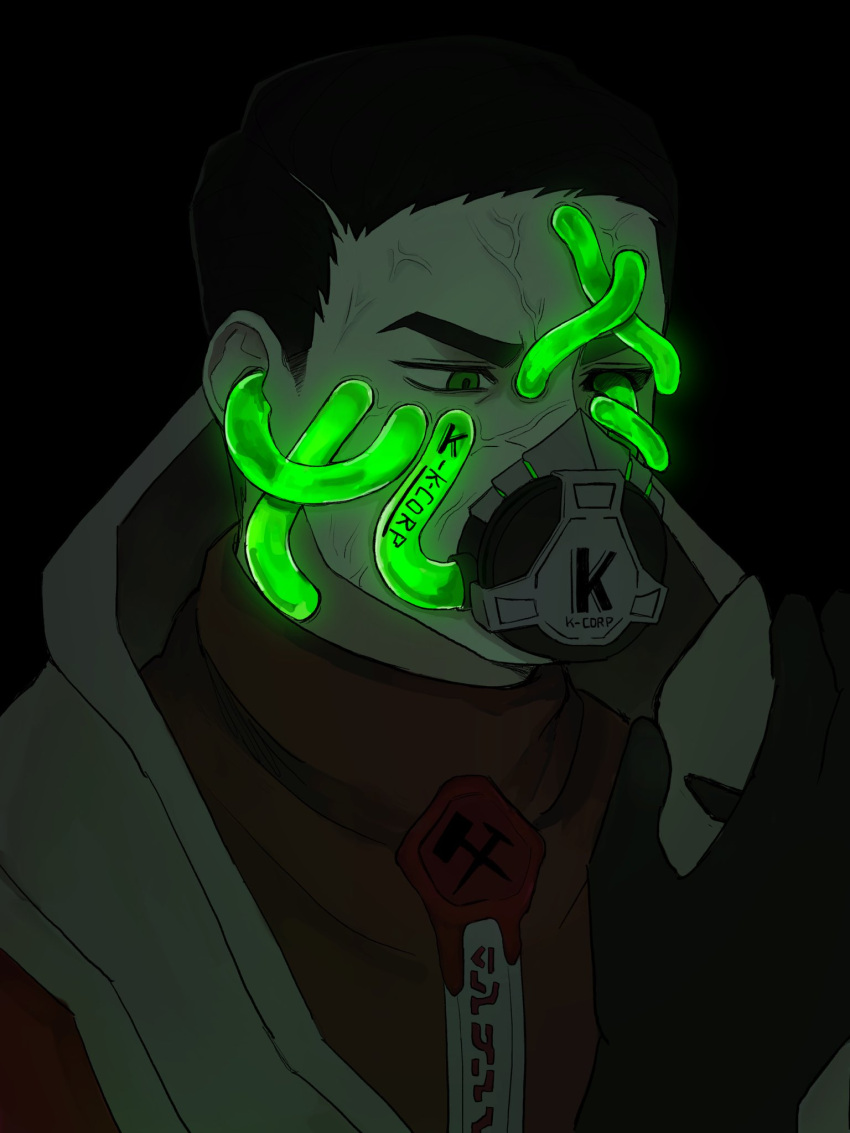 Safebooru - 1boy armor black background black hair glowing green eyes ...