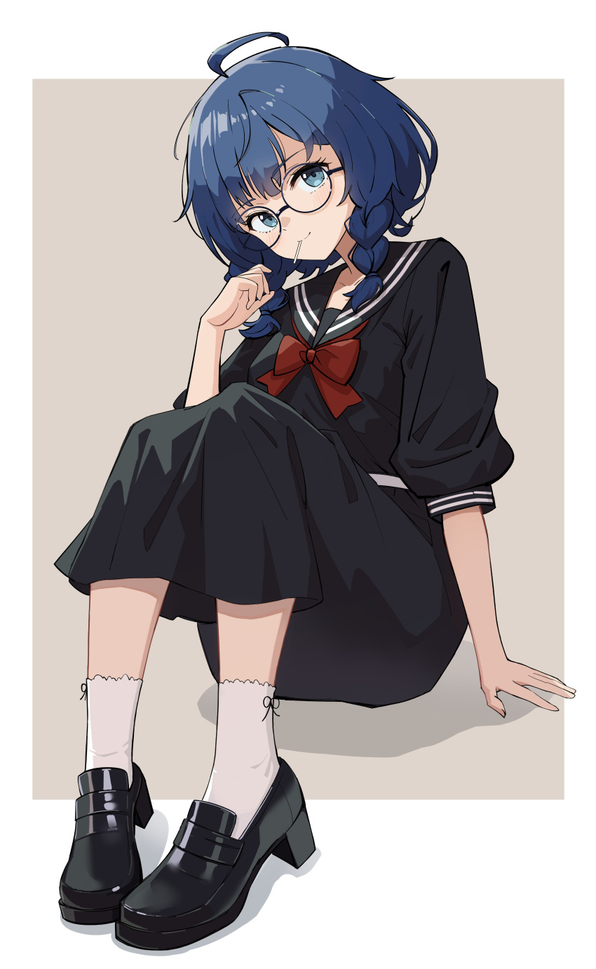 Safebooru - 1girl absurdres ahoge bespectacled black-framed eyewear black footwear black sailor ...