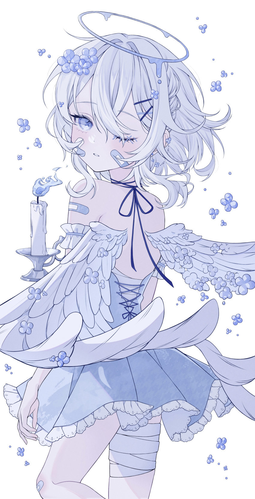 Safebooru - 1girl absurdres angel wings bandaged leg bandages bandaid bandaid on face blue dress ...