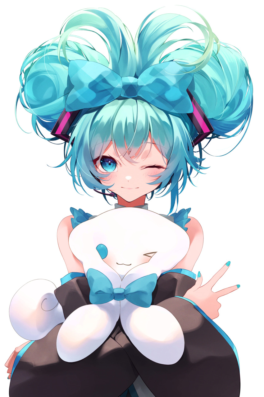 Safebooru - 1girl 1other ;) absurdres aqua eyes aqua hair aqua nails black sleeves blue bow ...