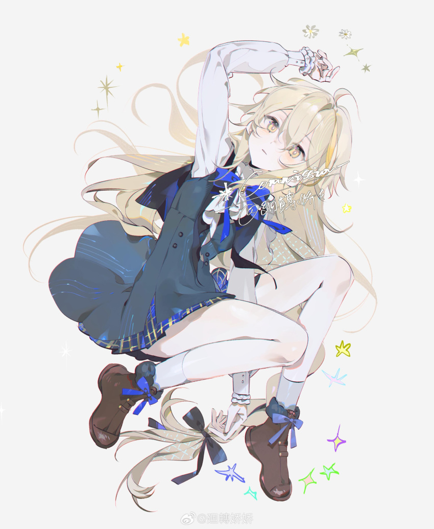 Safebooru - 1girl absurdres ahoge arm up baiwei lai black dress blonde hair blue bow blue skirt ...