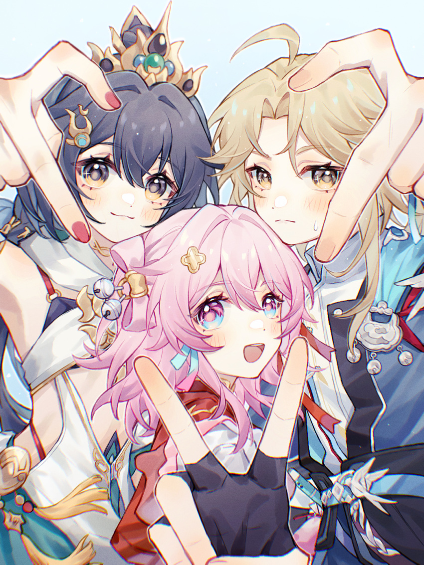 Safebooru - 1boy 2girls ahoge arm up armpits arms up bailixuan204 black ...