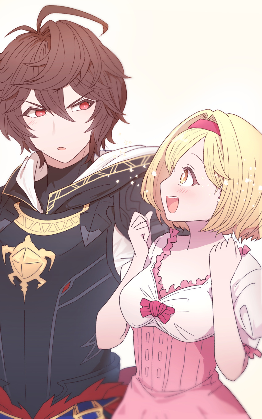 Safebooru - 1boy 1girl :d ahoge armor bishounen blonde hair breastplate brown hair cape ...