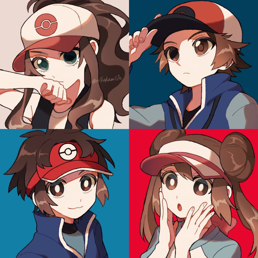 Safebooru - 2boys 2girls :3 :o baseball cap black vest blue jacket blue shirt blue sleeves bow ...