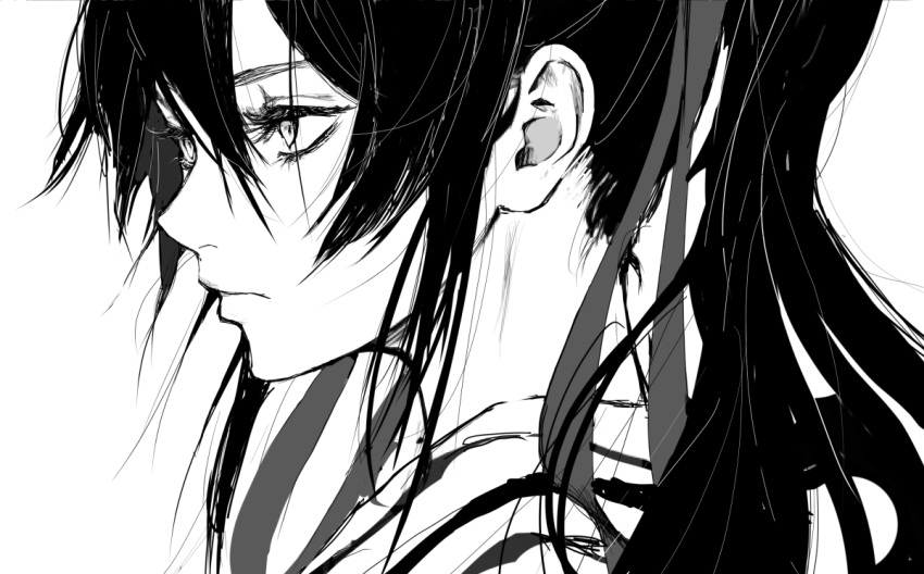 Safebooru - 1girl black hair closed mouth greyscale high ponytail ...