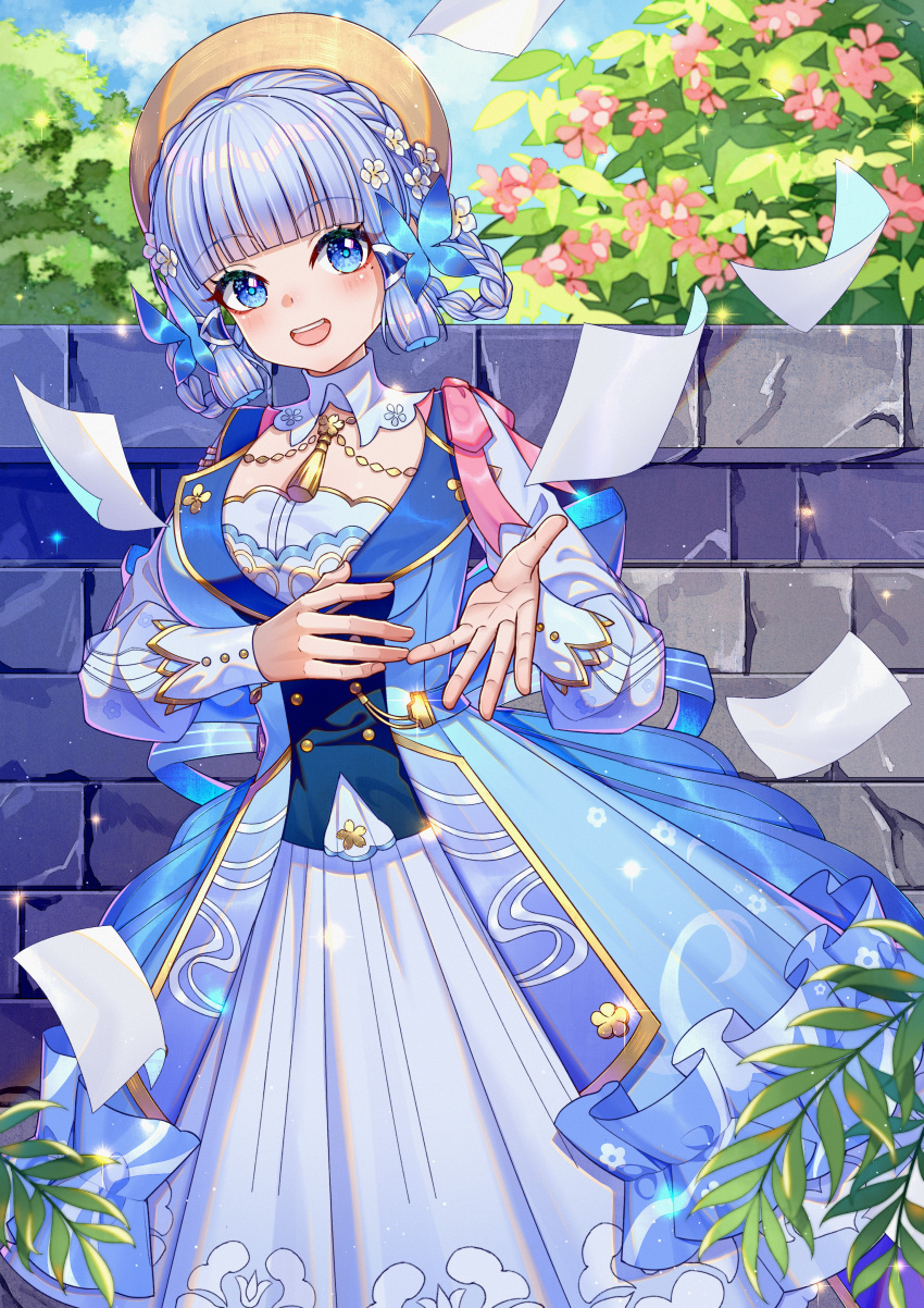 Safebooru - 1girl :d absurdres blue dress blue eyes blue hair blunt bangs braid brick wall ...