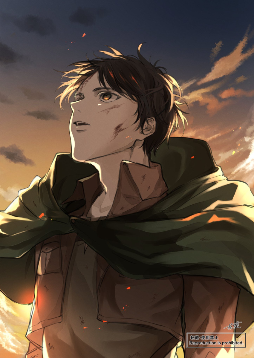Safebooru - 1boy brown hair bruise capelet embers eren yeager floating ...