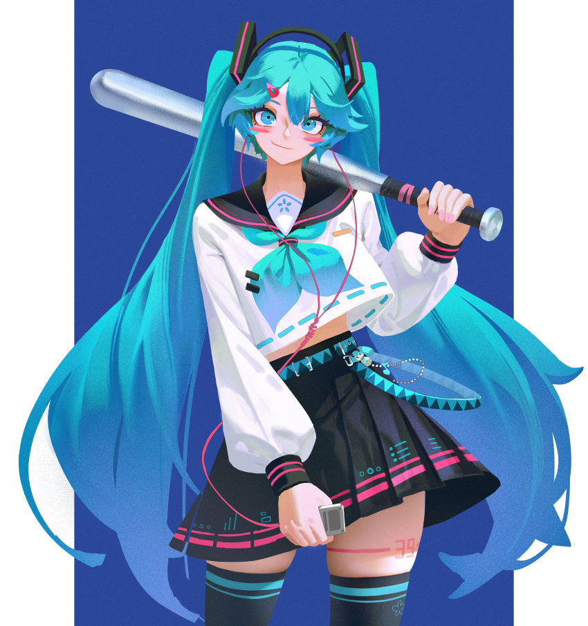 Safebooru - 1girl absurdres aqua eyes aqua hair baseball bat black skirt blush ga is hatsune ...